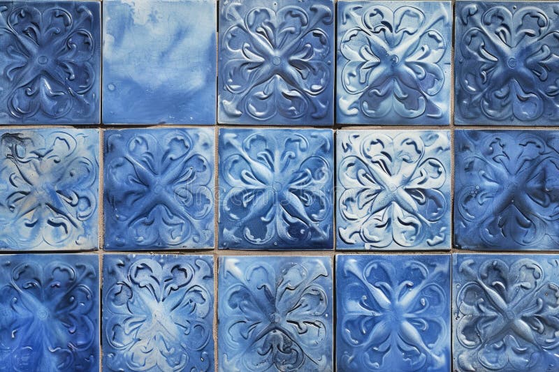 Rustic Background from Old Tiles with Blue Floral Pattern Stock ...