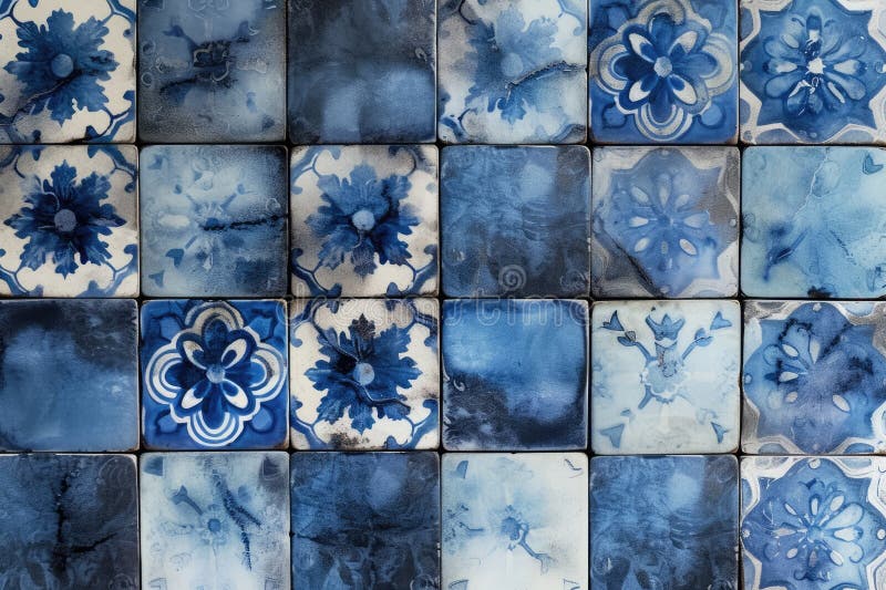 Rustic Background from Old Tiles with Blue Floral Pattern Stock ...