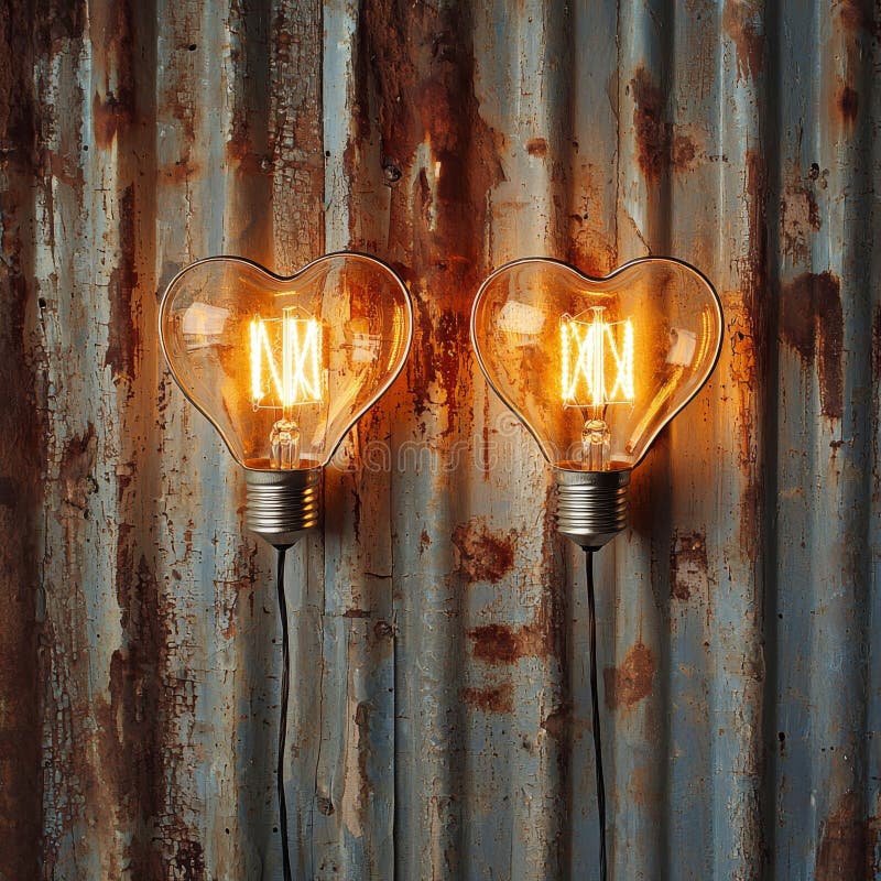 In the Rustic Background, Two Heart-shaped Light Bulbs Shine Warmly ...