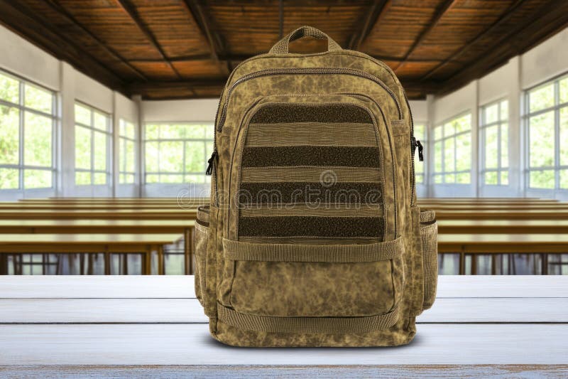 Rustic Backpack in Empty Classroom with Wooden Tables and Bright ...