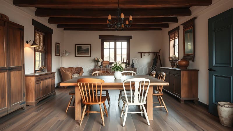A Rustic Backroom with a Wooden Dining Table Mismatched Chairs and Warm ...