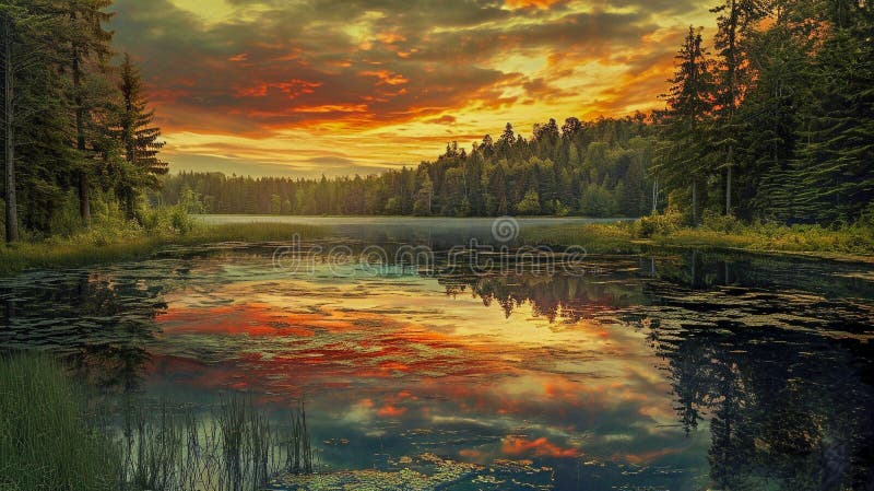 Rustic Backwoods Lake at Sunset Stock Illustration - Illustration of ...