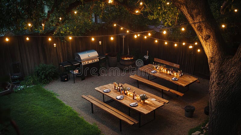 A Rustic Backyard Barbecue Setup with a Grill and Tables Under String ...