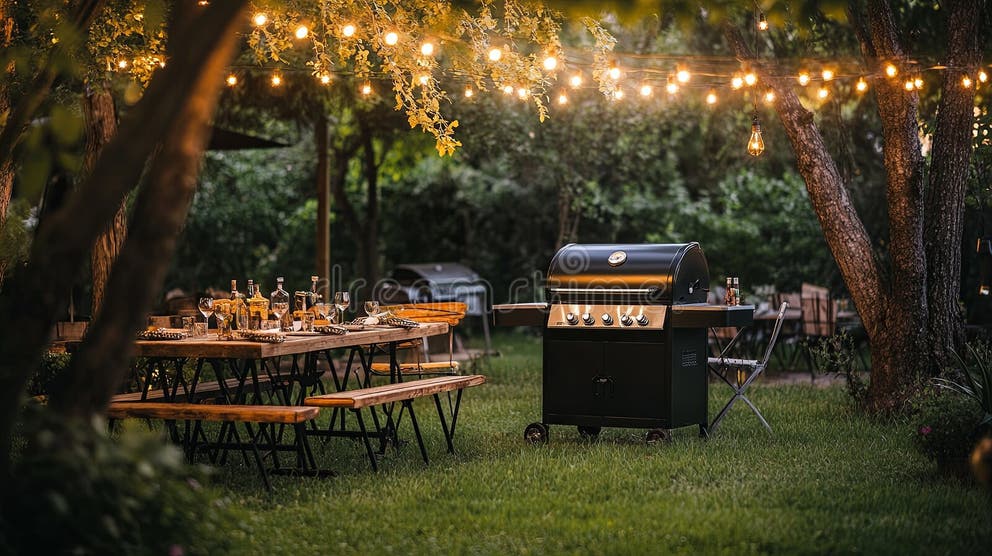 A Rustic Backyard Barbecue Setup with a Grill and Tables Under String ...