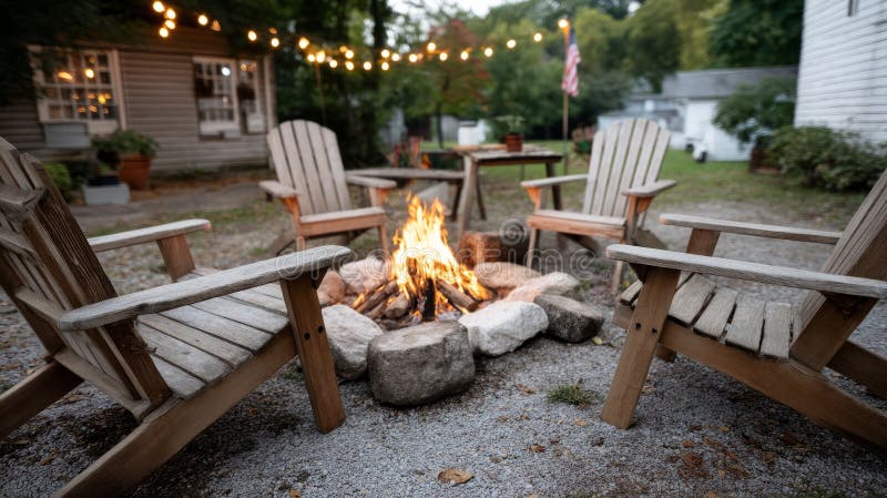 Rustic Backyard Fire Pit with Chairs and String Lights. Stock Image ...