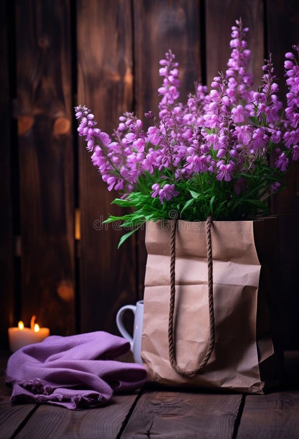 Rustic Bag with Purple Flowers on Wooden Background Stock Illustration ...