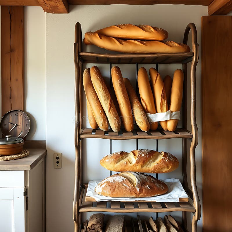 A Rustic Bakers Rack in a Barn Style Kitchen with Freshly Baked ...