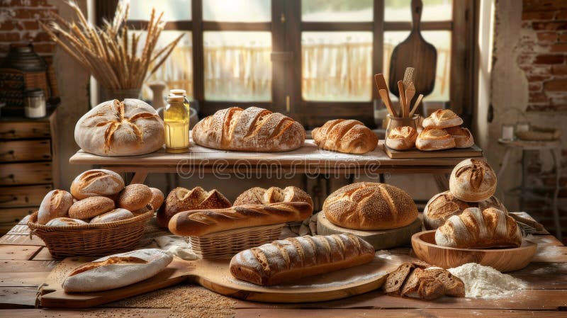 Rustic Bakery with Assortment of Artisanal Breads on Wooden Table, Warm ...