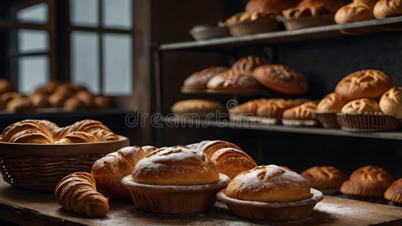 Freshly Baked Breads and Croissants in a Rustic Bakery Setting Stock ...