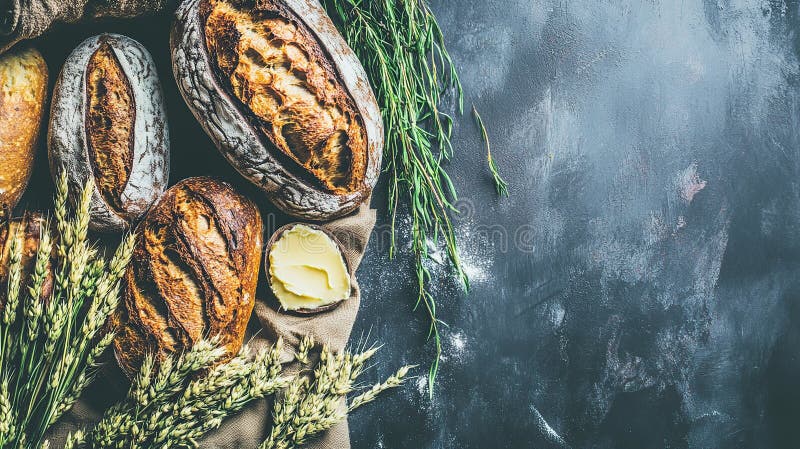 Rustic Bakery Bread, Butter, Wheat, Dark Background, Food Photography ...