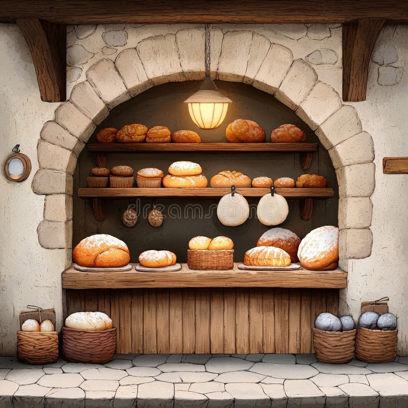 Rustic Bakery Display Featuring Assorted Fresh Breads and Pastries on ...