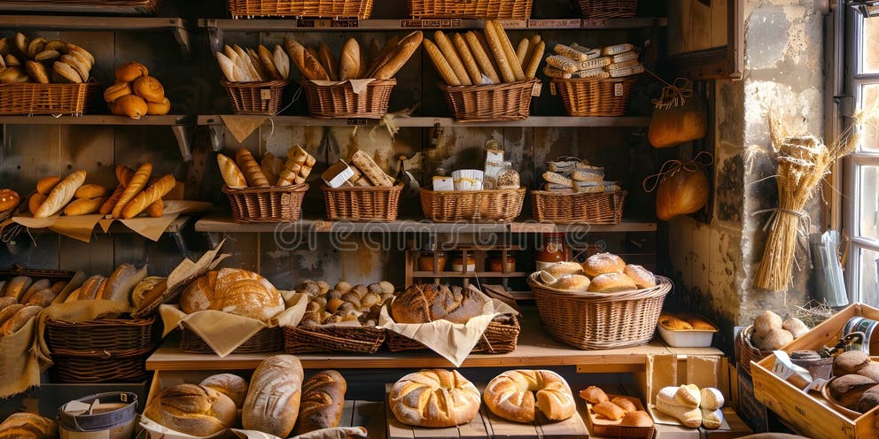 A Rustic Bakery Display Filled with Various Types of Bread and Pastries ...