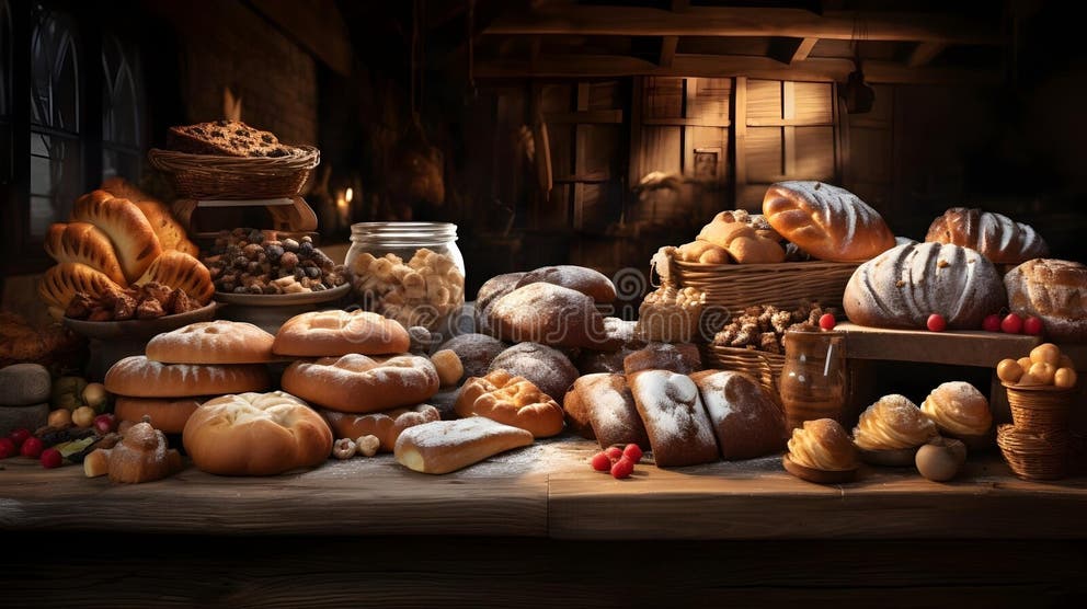 A Rustic Bakery Display with Various Breads and Pastries on a Wooden ...