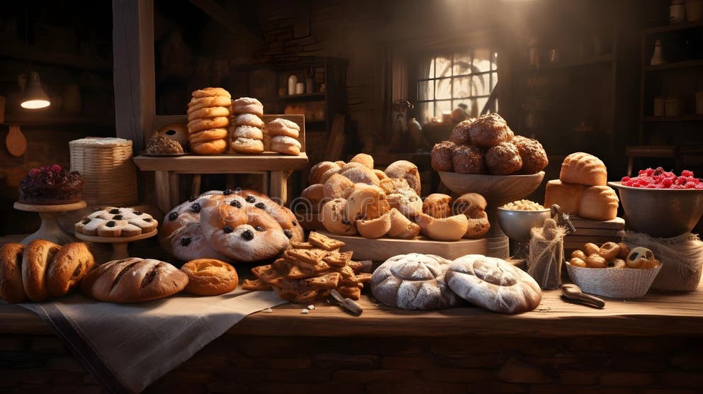 A Rustic Bakery Display with Various Breads and Pastries on a Wooden ...