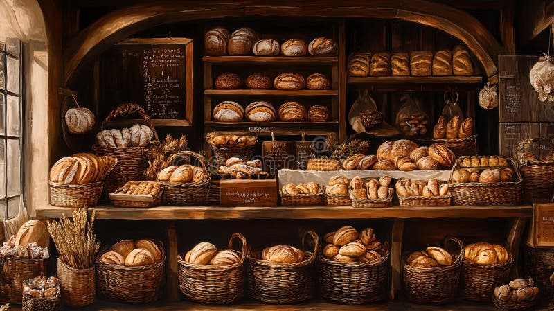 A Rustic Bakery Displaying an Array of Fresh Loaves and Pastries in ...