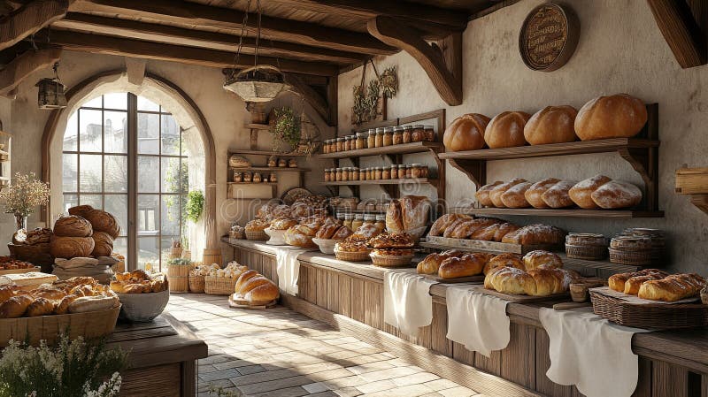A Rustic Bakery Displaying Freshly Baked Loaves of Bread and Sweet ...