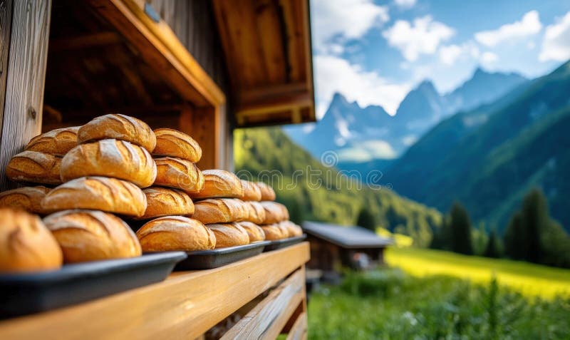 Rustic Bakery with Fresh Bread in Alpine Landscape Stock Illustration ...