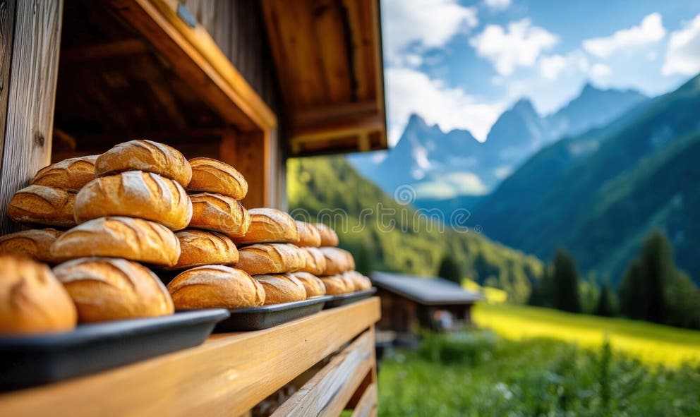 Rustic Bakery with Fresh Bread in Alpine Landscape Stock Illustration ...