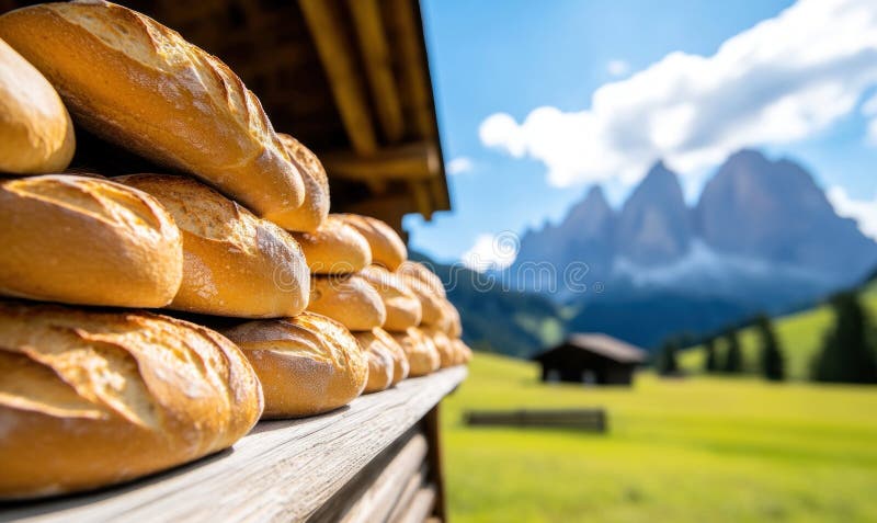 Rustic Bakery with Fresh Bread in Alpine Landscape Stock Illustration ...
