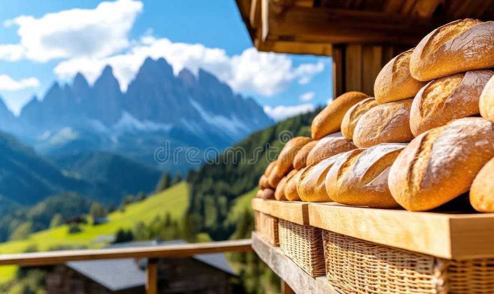 Rustic Bakery with Fresh Bread in Alpine Landscape Stock Illustration ...