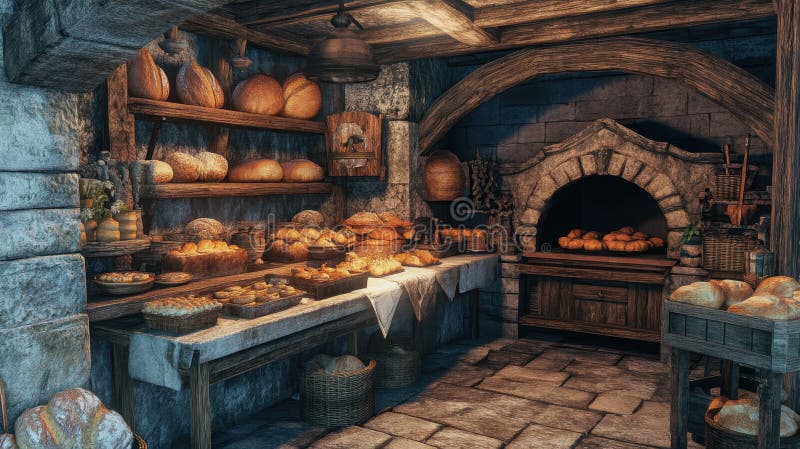 Rustic Bakery Interior with Artisanal Breads and Stone Oven Stock Image ...
