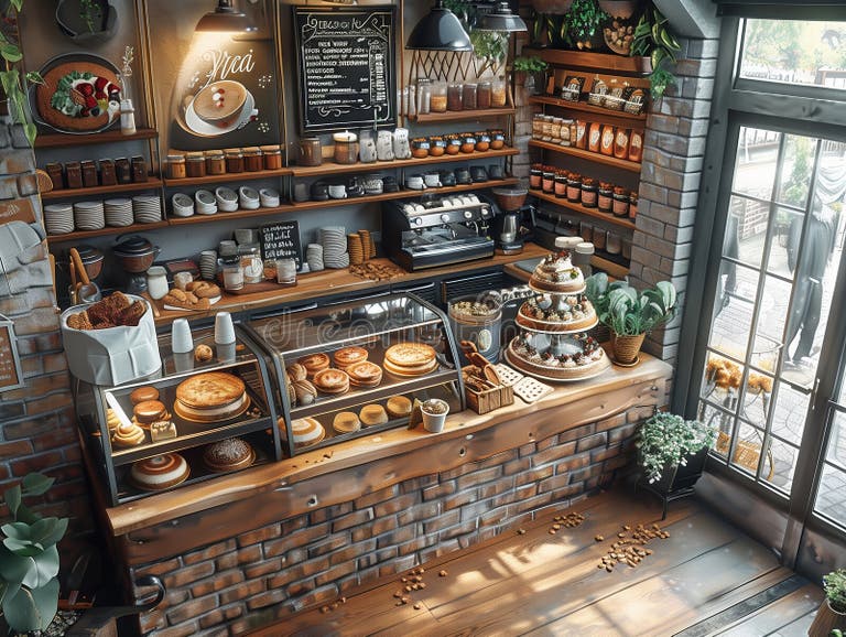 Rustic Bakery Interior with Display Case and Pastries Stock Image ...