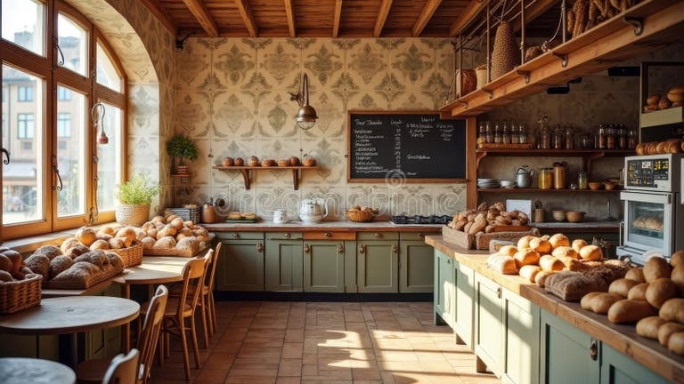 Rustic Bakery Interior with Fresh Bread and Wooden Decor in Warm Daylight Stock Photo - Image of ...