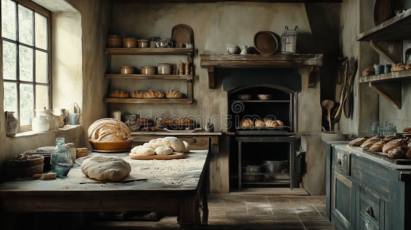 A Rustic Bakery Kitchen with Dough Being Prepared and Loaves Baking in ...