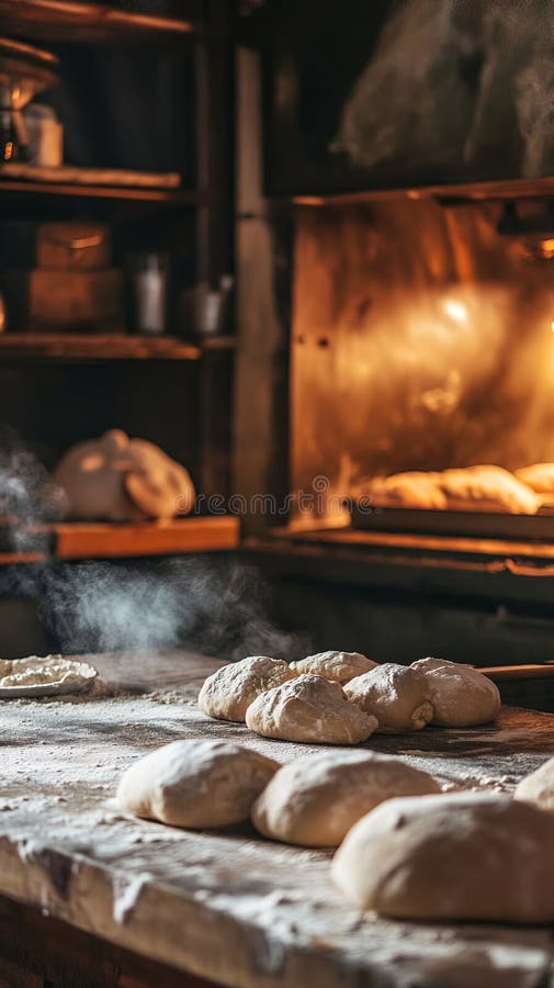 A Rustic Bakery Kitchen with Dough Being Prepared and Loaves Baking in ...