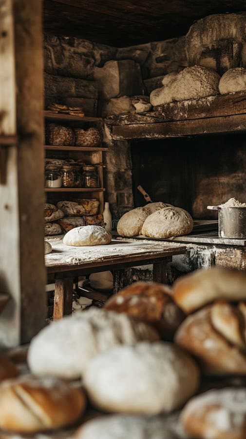 A Rustic Bakery Kitchen with Dough Being Prepared and Loaves Baking in ...