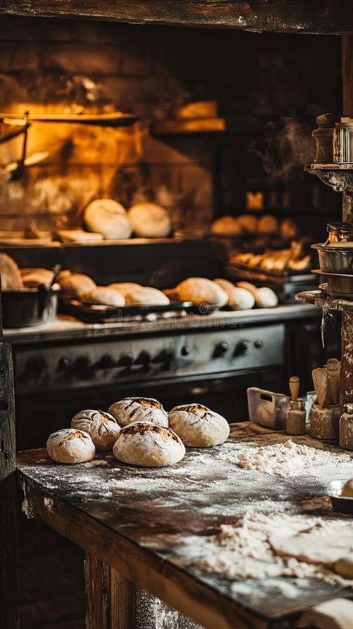 A Rustic Bakery Kitchen with Dough Being Prepared and Loaves Baking in ...