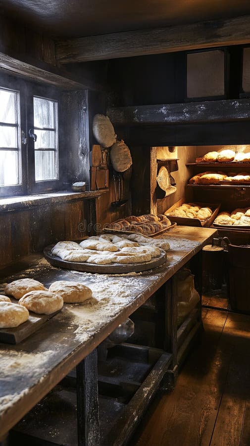 A Rustic Bakery Kitchen with Dough Being Prepared and Loaves Baking in ...