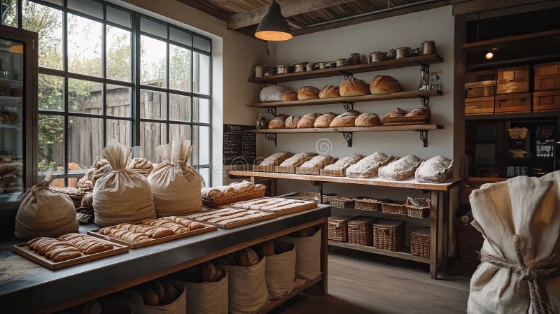 A Rustic Bakery Kitchen Filled with Trays of Bread and Bags of Flour ...