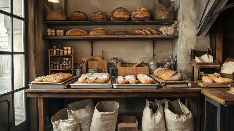 A Rustic Bakery Kitchen Filled with Trays of Bread and Bags of Flour ...