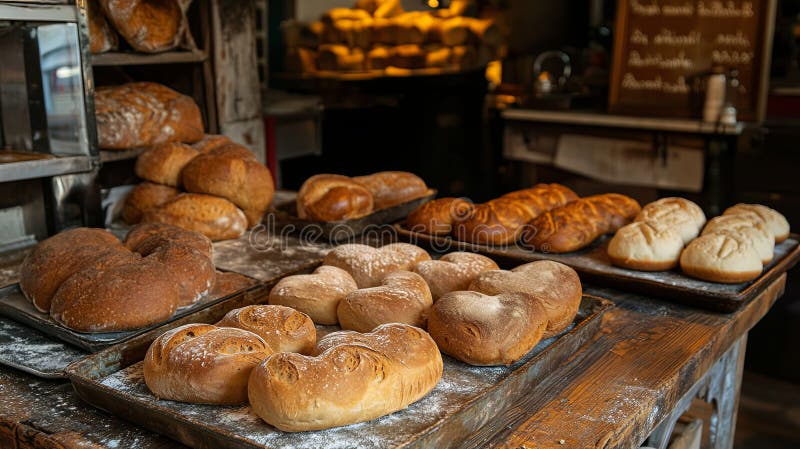 A Rustic Bakery Kitchen with Trays of Heart-shaped Bread and Buns Stock ...