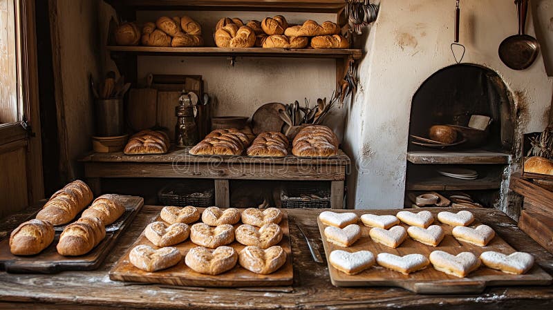 A Rustic Bakery Kitchen with Trays of Heart-shaped Bread and Buns Stock ...
