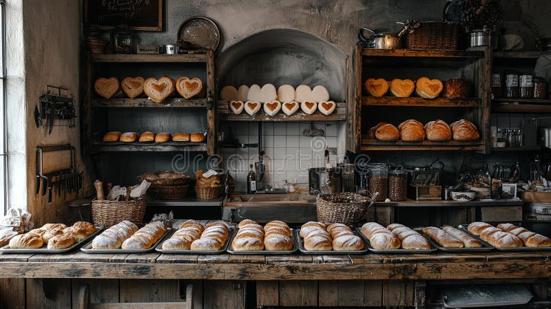 A Rustic Bakery Kitchen with Trays of Heart-shaped Bread and Buns Stock ...