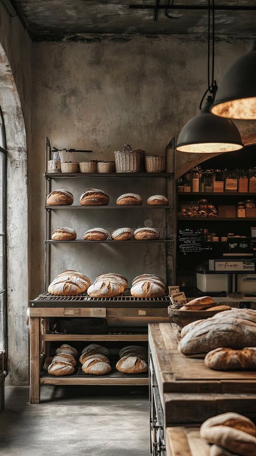 A Rustic Bakery with Loaves of Bread Cooling on Wooden Racks Stock ...