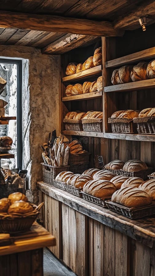 A Rustic Bakery with Loaves of Bread Cooling on Wooden Racks Stock ...
