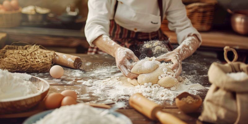 Rustic Bakery Scene: Dough Kneading in Motion Stock Illustration ...
