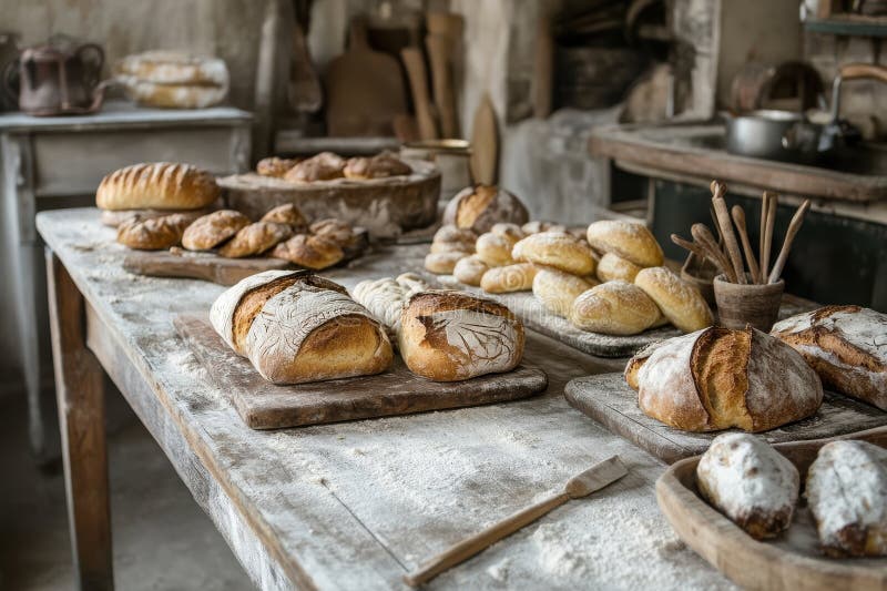 A Rustic Bakery Scene Featuring Various Types of Freshly Baked Bread on ...
