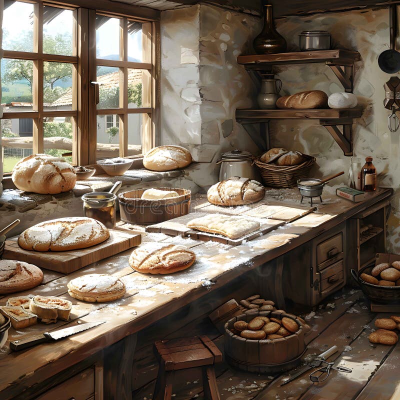 Rustic Bakery Scene with Flour and Tools. Stock Illustration ...