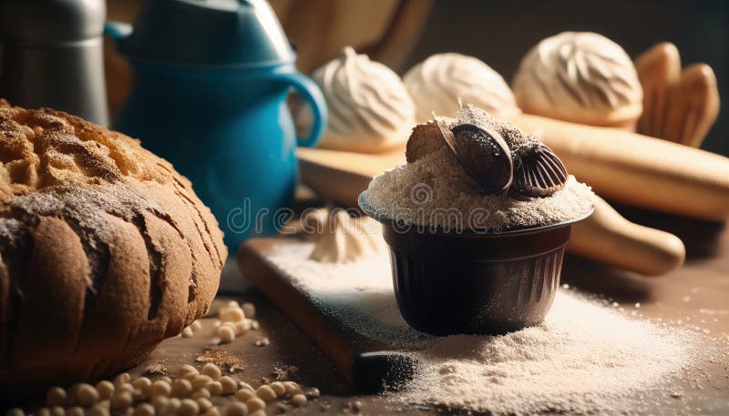 Rustic Bakery Scene: Fresh Bread with Wheat Ears, Bowl of Flour and ...