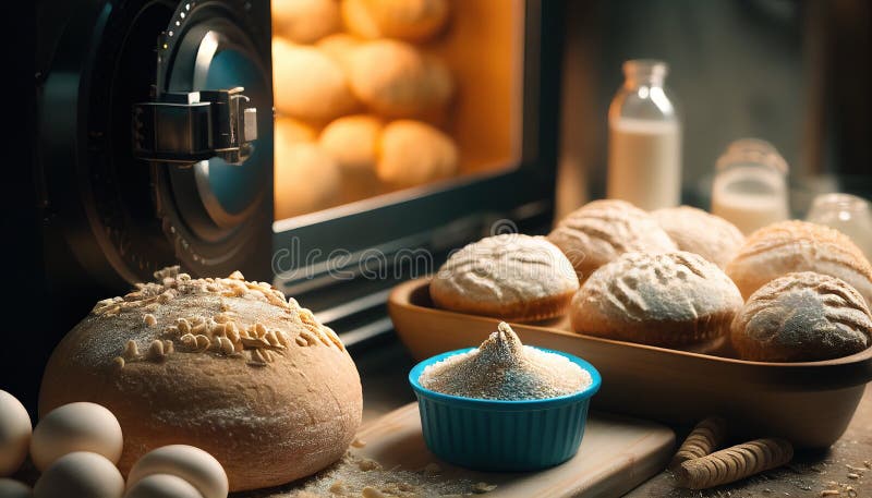 Rustic Bakery Scene, Fresh Bread with Wheat Ears and a Bowl of Flour ...