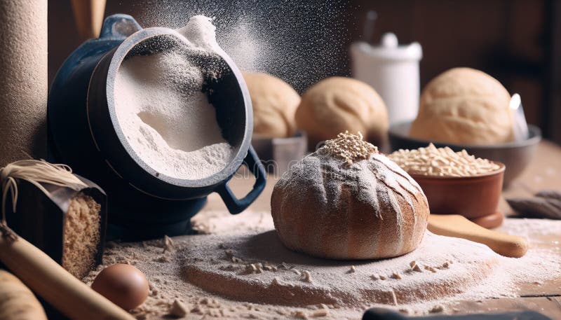 Rustic Bakery Scene: Fresh Bread with Wheat Ears and a Bowl of Flour ...
