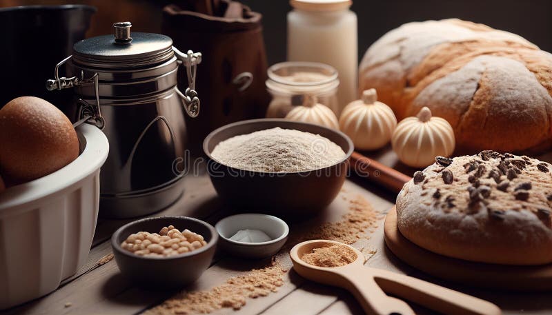 Rustic Bakery Scene: Fresh Bread with Wheat Ears and a Bowl of Flour ...