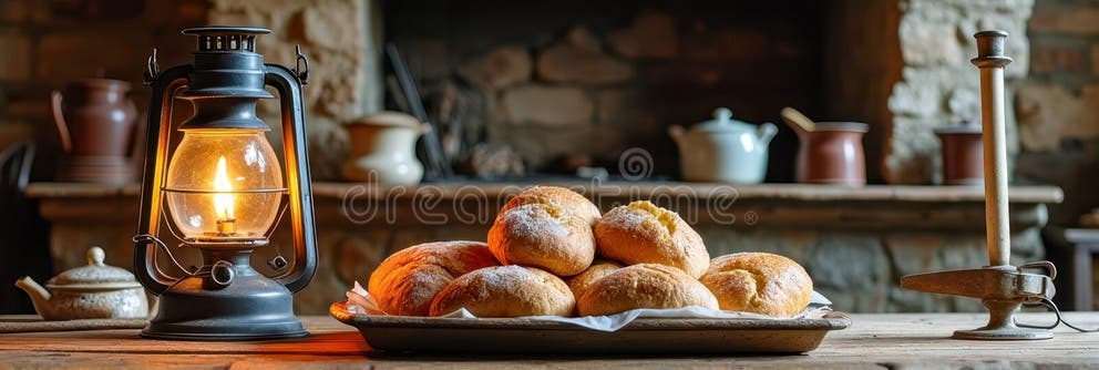 Rustic Bakery Scene with Freshly Baked Bread and Vintage Lantern in ...