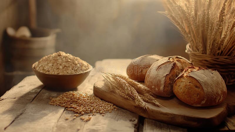 Rustic Bakery Scene Loaves, Wheat, Flour, Sunlit Stock Image - Image of ...