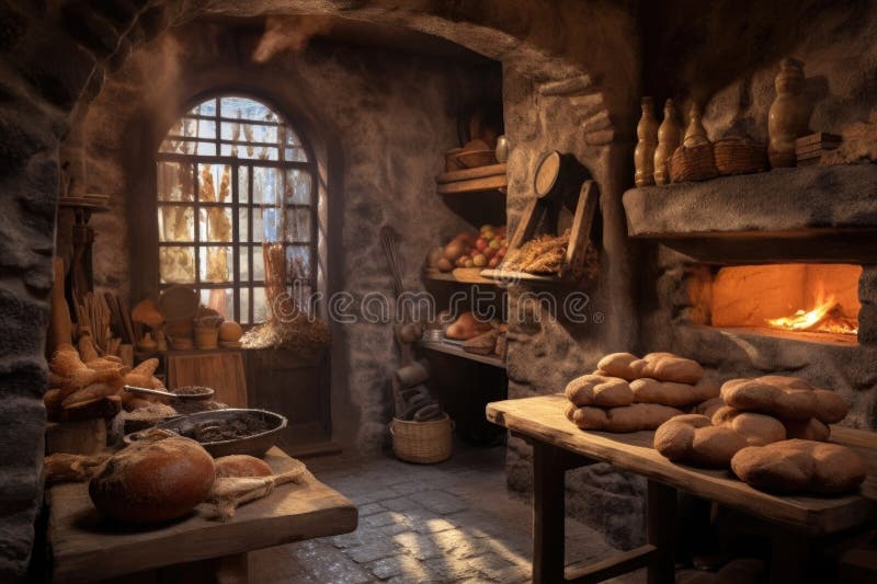 Rustic Bakery Setting with a Stone Oven and Bread Stock Illustration ...