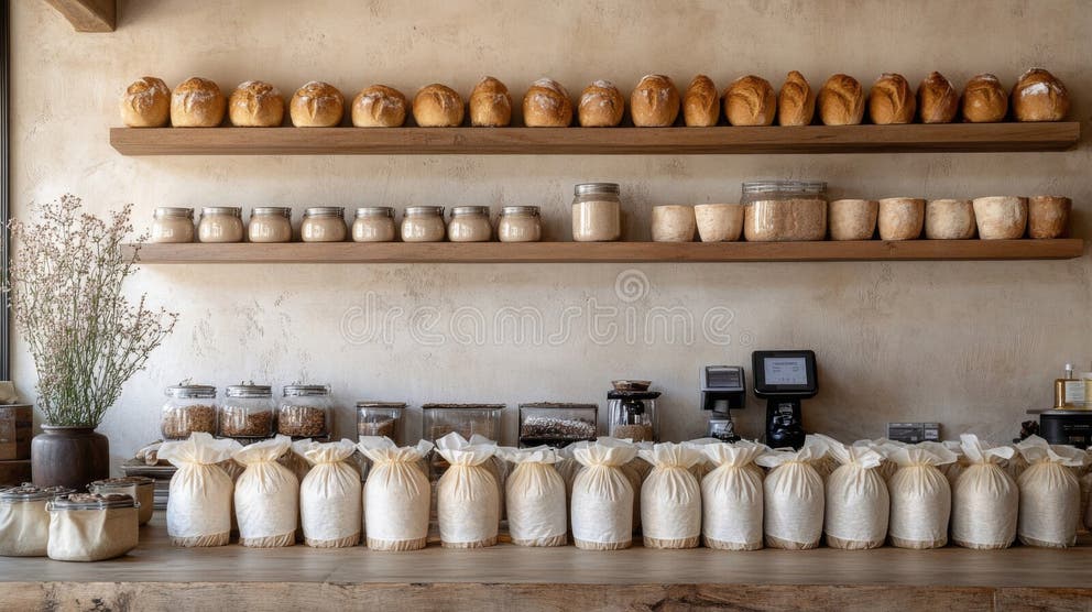 Rustic Bakery Shelf with Bread Jars and Ingredients Stock Illustration ...